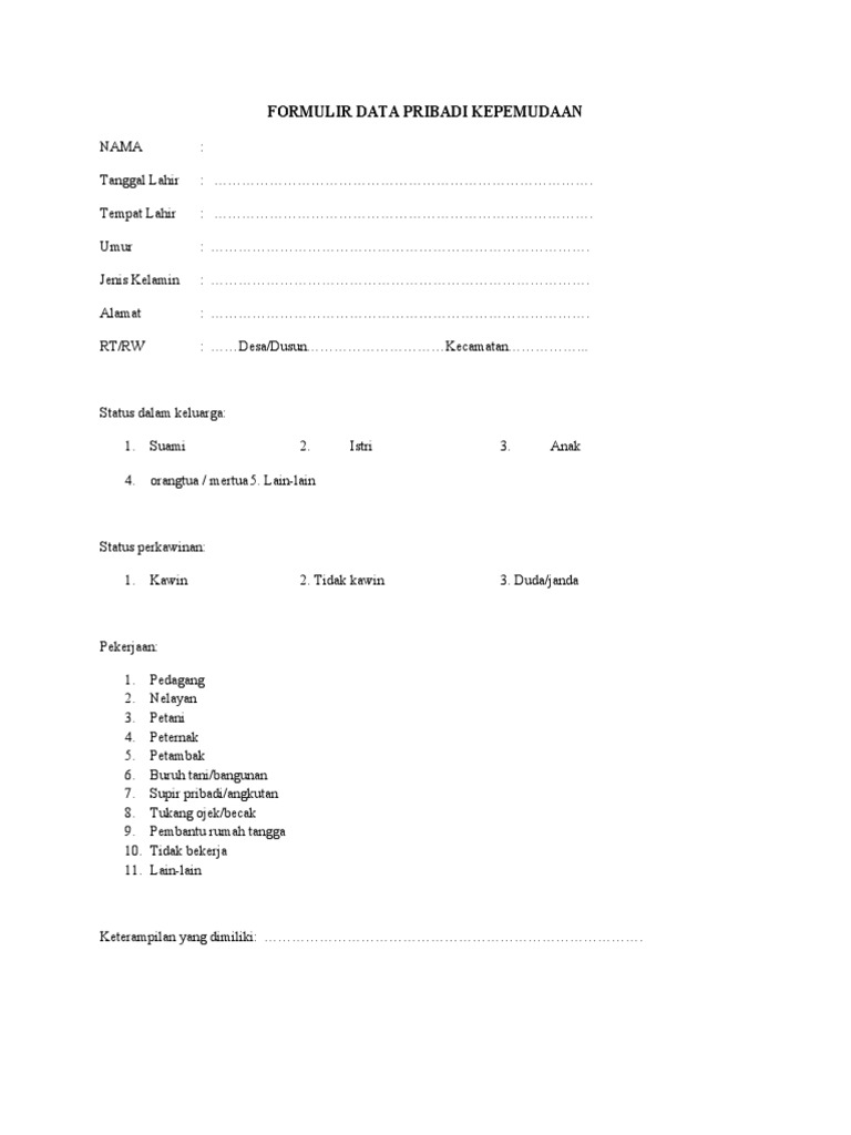 Formulir Data Pribadi Kepemudaan | PDF