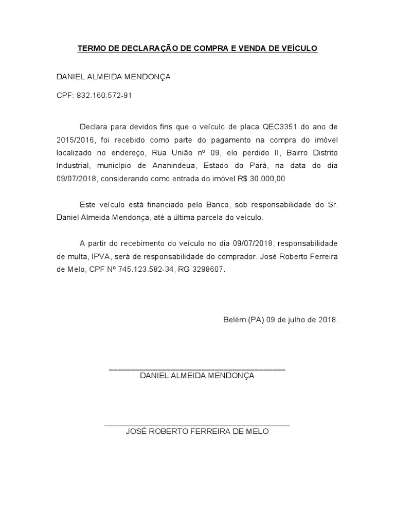 Termo de Declaração de Compra e Venda de Veículo | PDF