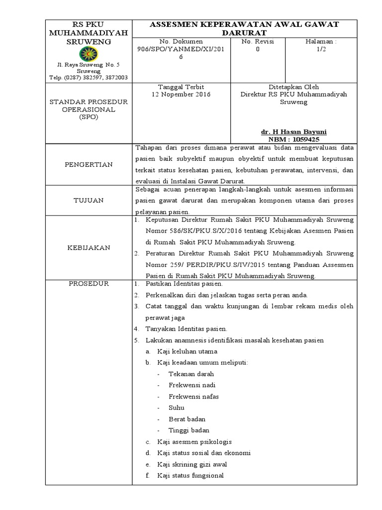Spo Assesmen Keperawatan Gawat Darurat | PDF