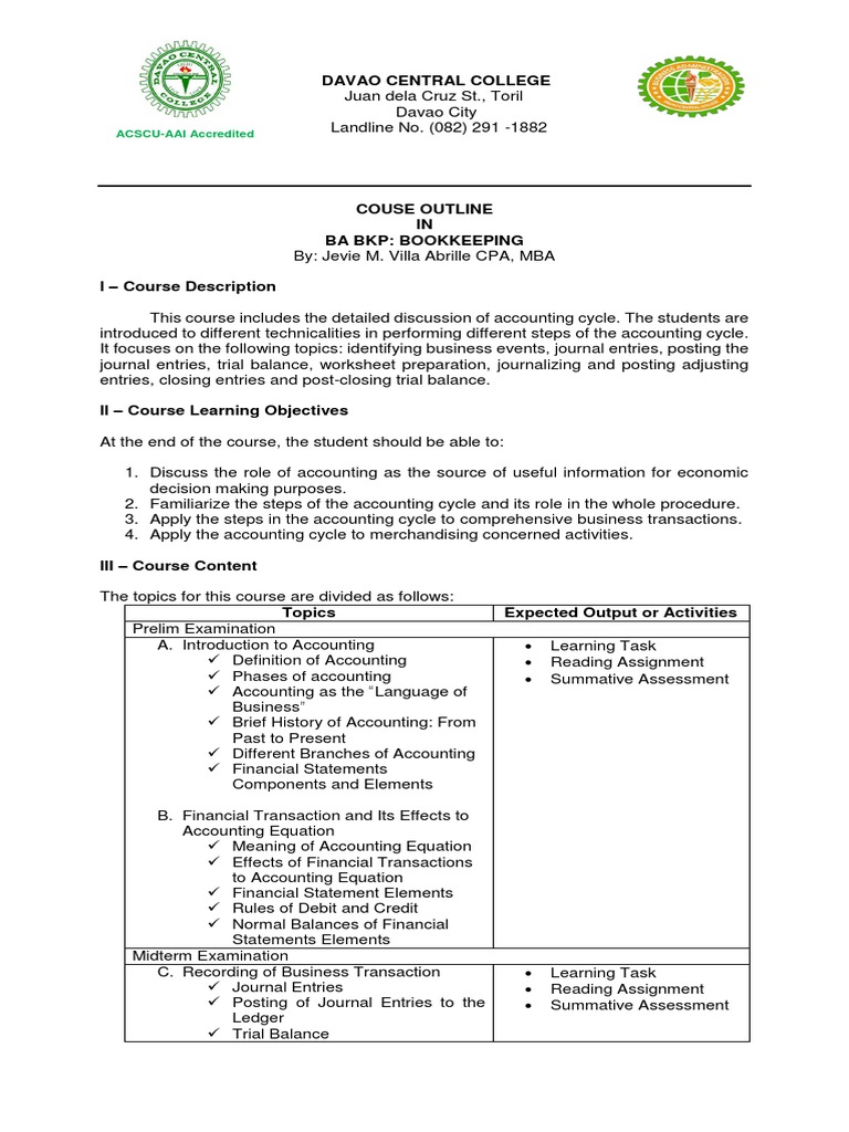 Bookkeeping Course Outline | PDF | Bookkeeping | Accounting