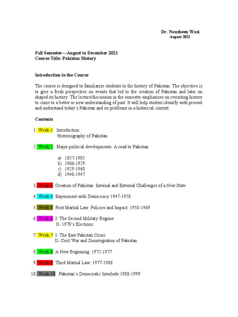 Introduction To Pakistan History A Course Outline Covering Major