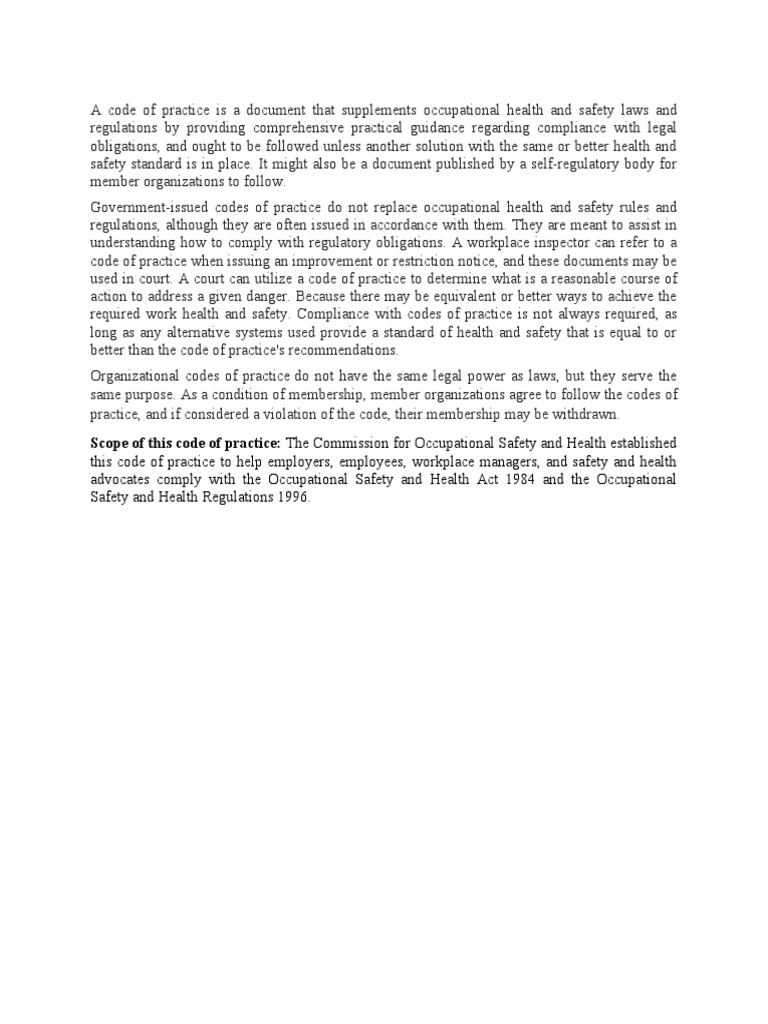 Scope of This Code of Practice: The Commission For Occupational Safety ...
