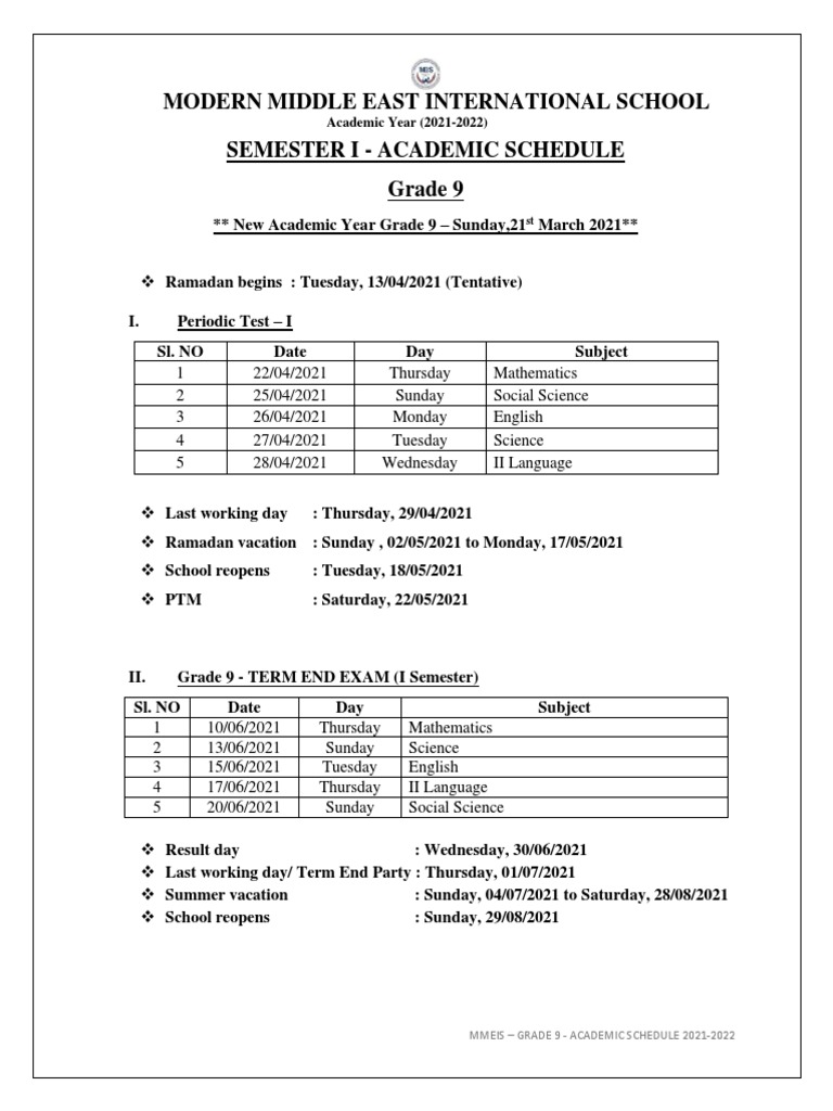 Grade 9 Academic Schedule 2021-2022 | PDF | Academic Term | Educational ...