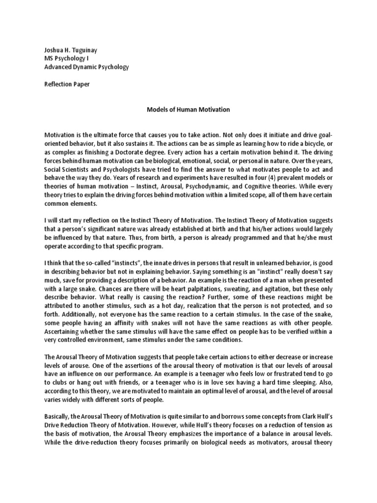 Reflection Paper (Models of Human Motivation) | PDF | Motivation ...