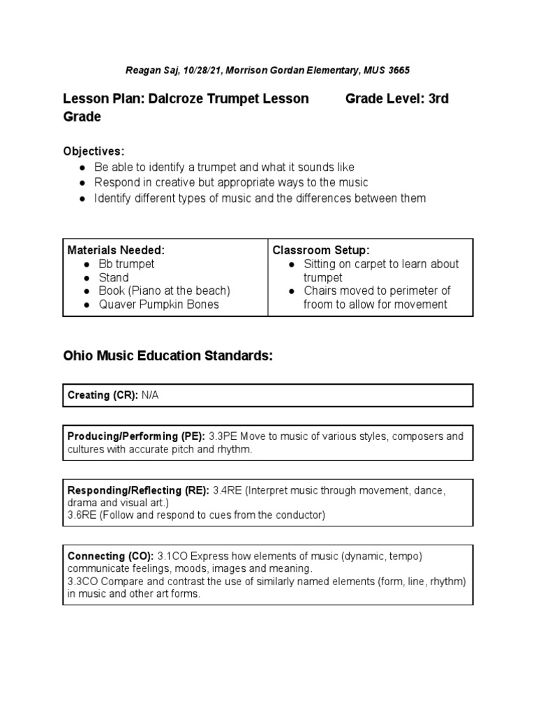 Lesson Plan: Dalcroze Trumpet Lesson Grade Level: 3rd Grade | PDF ...