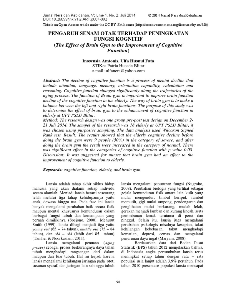 Pengaruh Senam Otak Terhadap Peningkatan Fungsi Kognitif (The Effect of Brain Gym To The ...