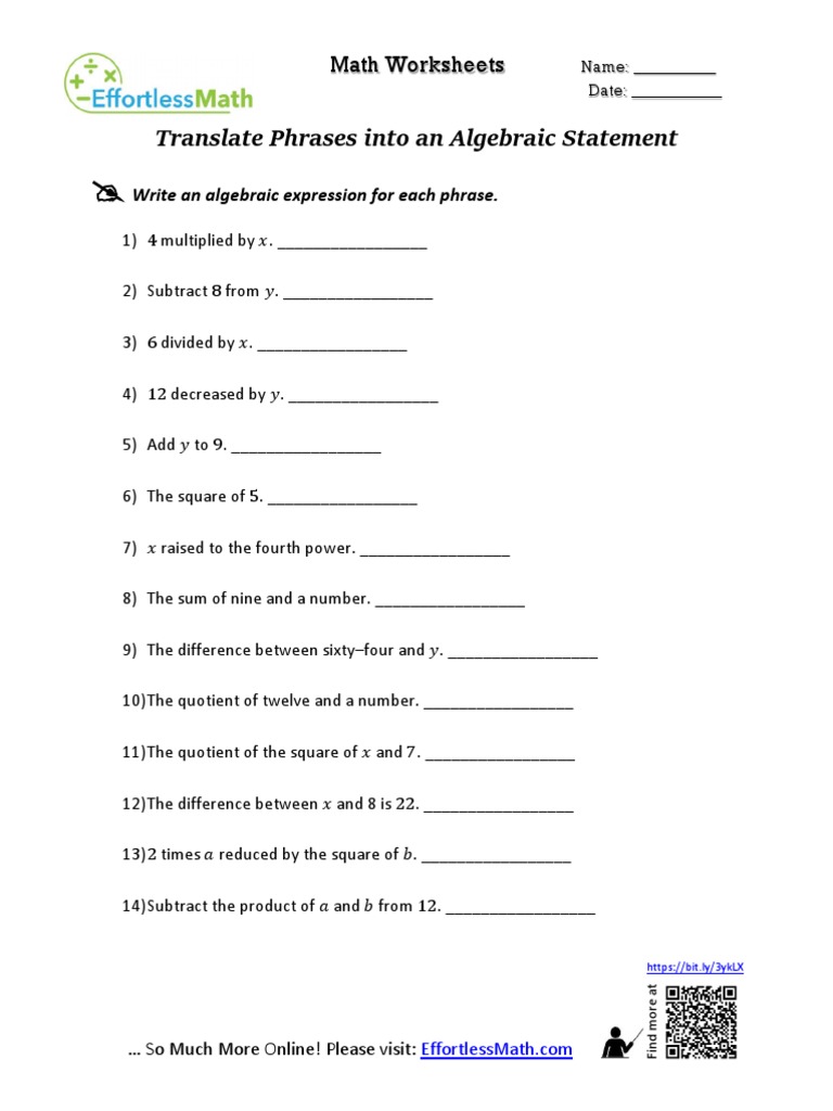 Translating Phrases to Algebraic Expressions | PDF | Teaching Methods ...