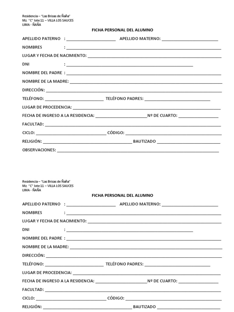 Ficha Personal Alumno Residencia Ñaña | PDF | Gobierno y personalidad ...