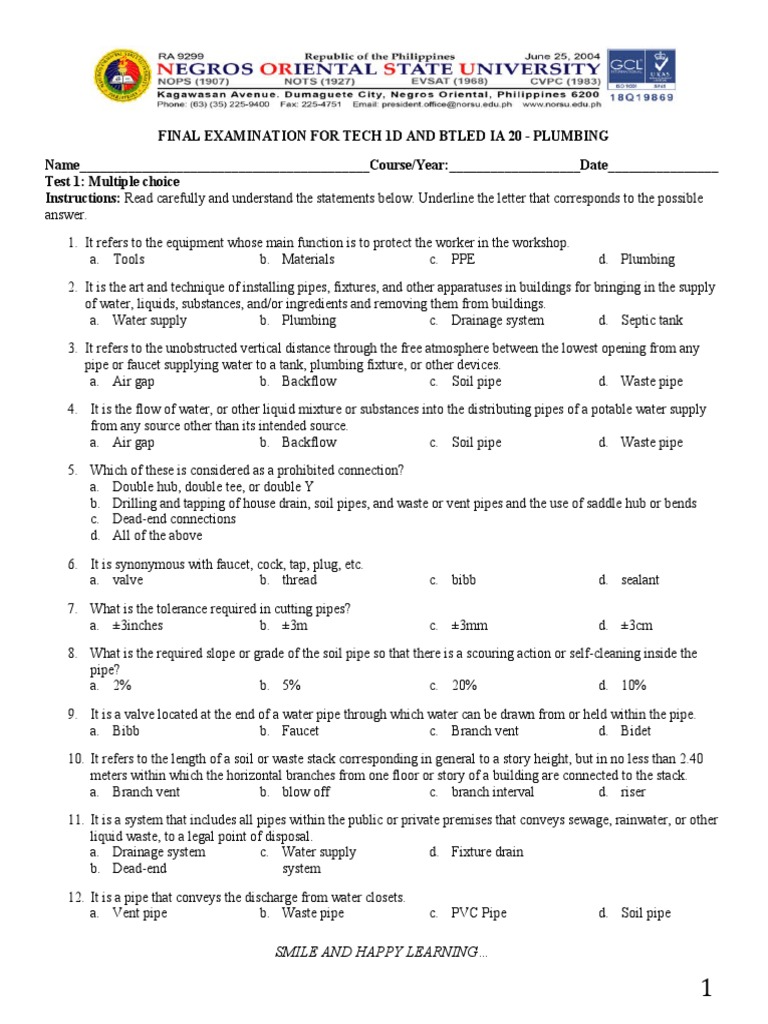 Final Examination For Tech 1d and Btled Ia 20 | PDF | Plumbing ...