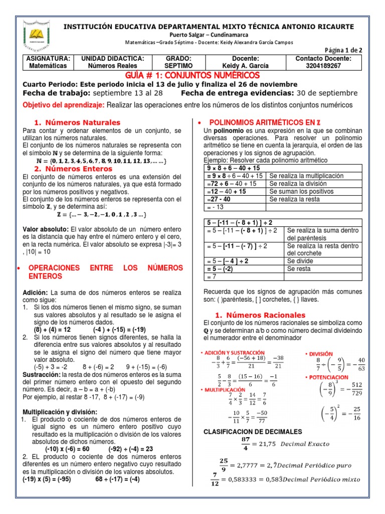 Guía de Números Reales para Séptimo | PDF | Entero | Sustracción