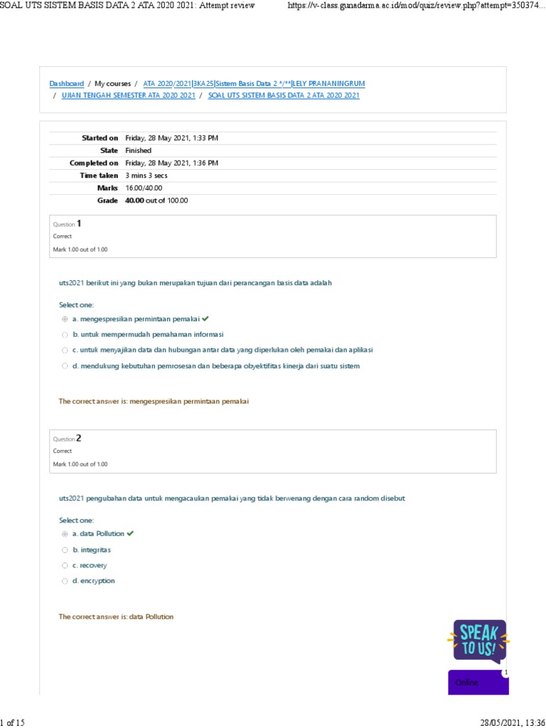 SOAL UTS SISTEM BASIS DATA 2 ATA 2020 2021 Attempt Review | PDF