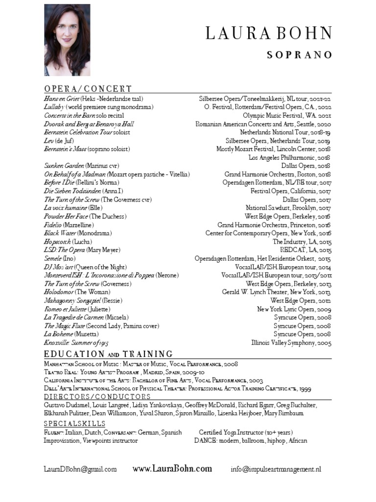 Laura Bohn Opera Resume July 2021 | PDF | Opera | Vocal Musical ...