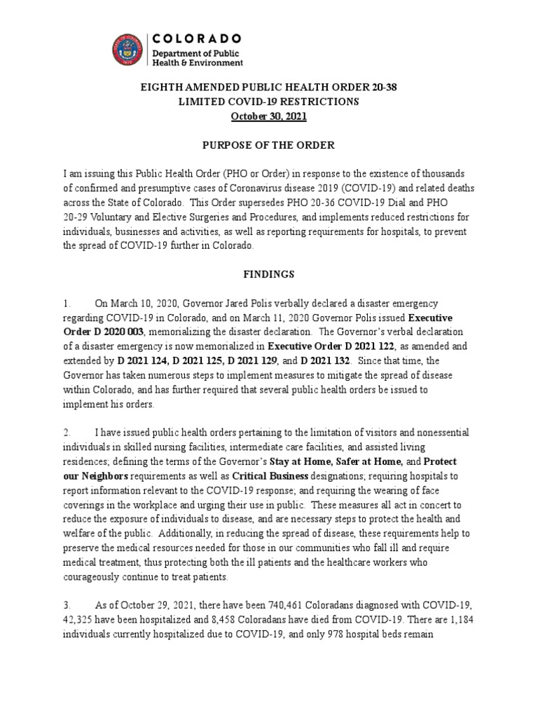 Colorado October 2021 COVID-19 Eighth Amended Public Health Order 20-38 ...