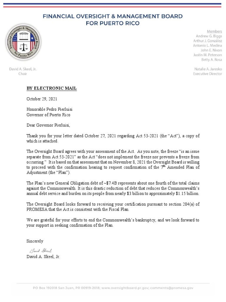 FOMB - Letter - Governor - Act 53 - October 29, 2021 | PDF