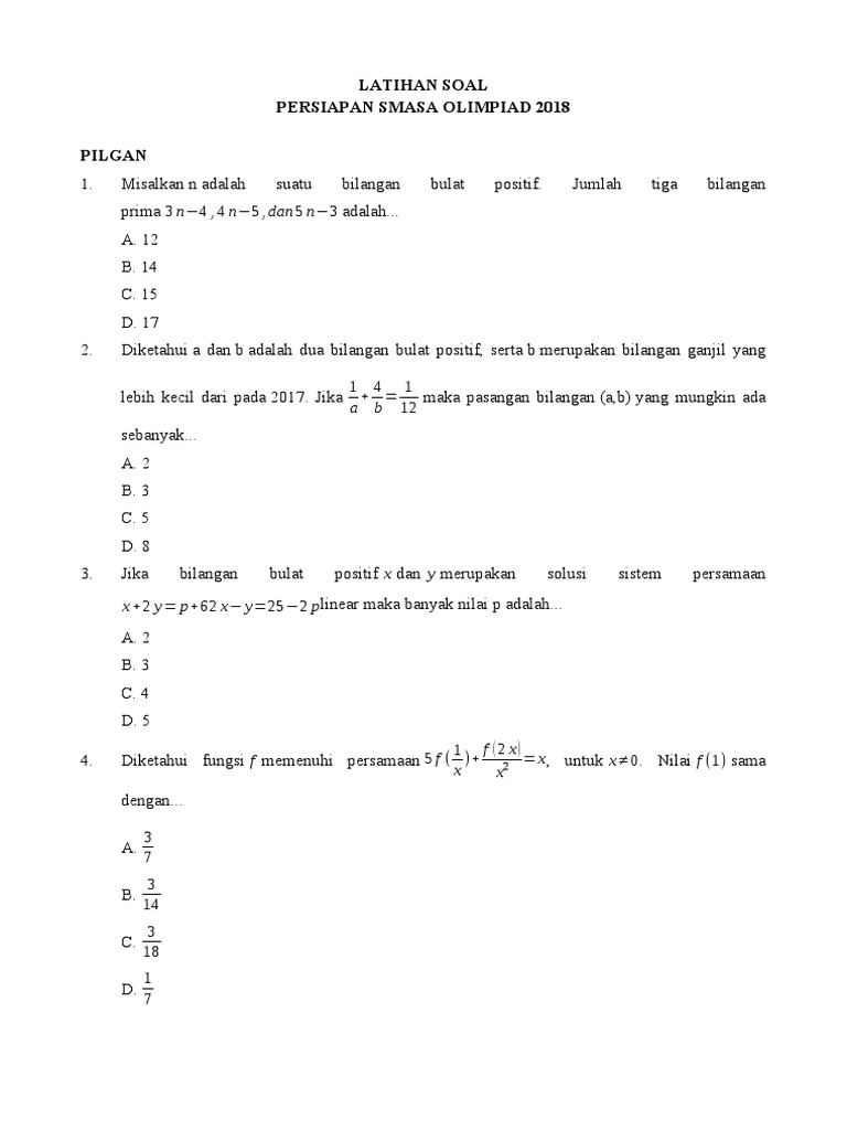 Latihan Soal Persiapan Smasa Olimpiad 2018 Pilgan | PDF