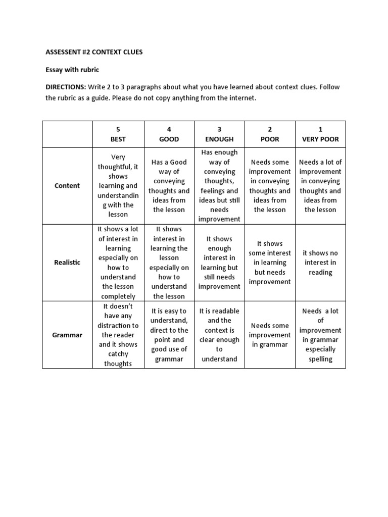 Assessent #2 Context Clues Essay With Rubric DIRECTIONS: Write 2 To 3 ...