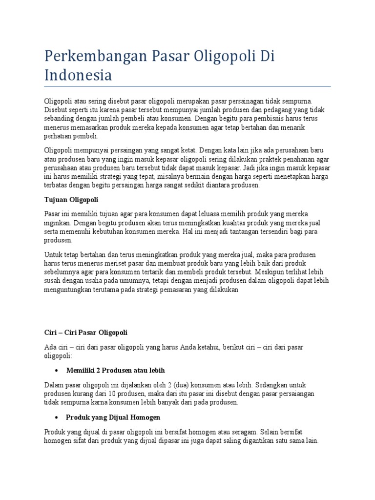 Perkembangan Pasar Oligopoli Di Indonesia Pdf
