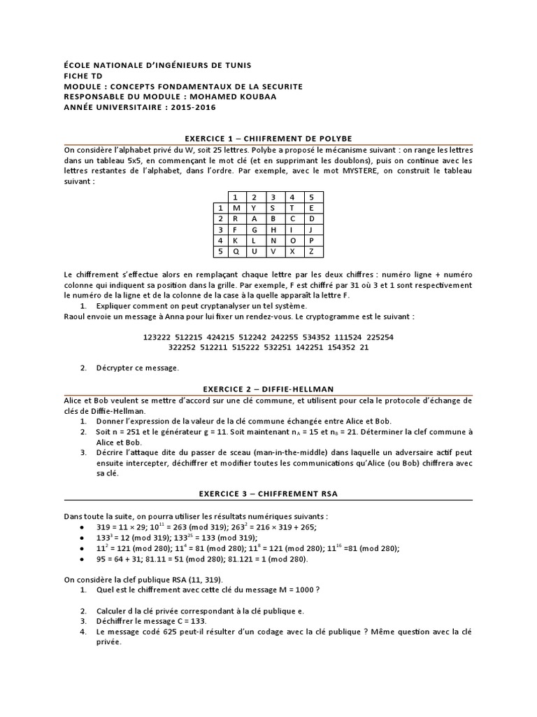 Fiche TD | PDF | Public-key cryptography | Sécurité des systèmes d'information