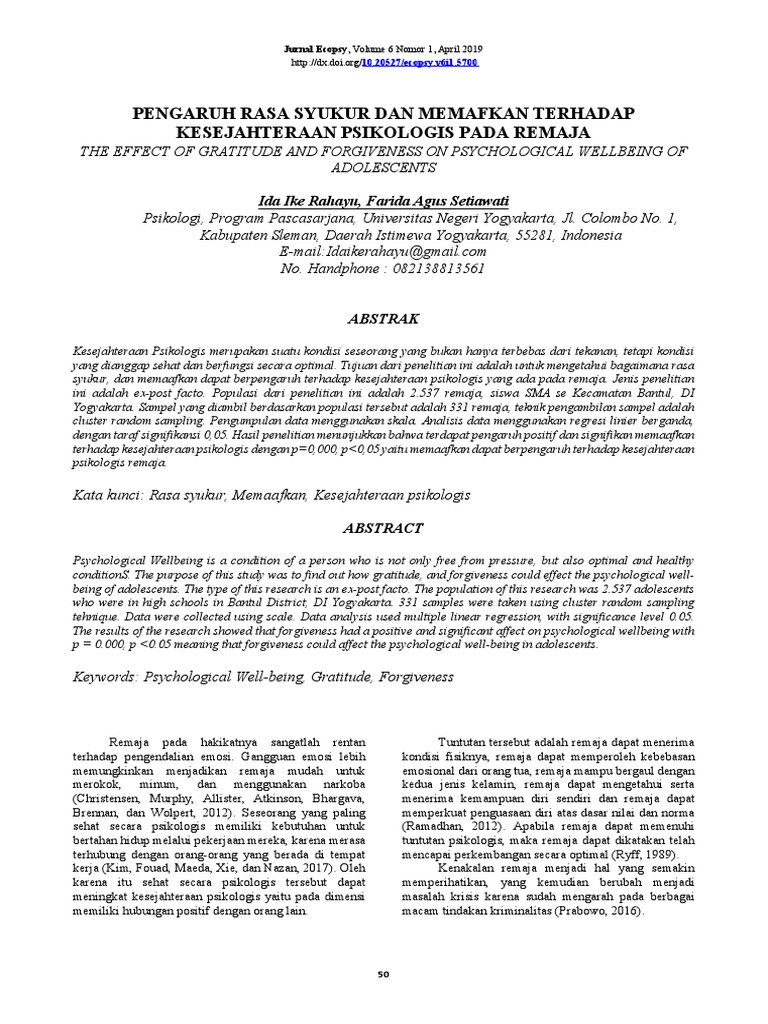 Hubungan Rasa Syukur Dan Kesejahteraan Psikologi | PDF