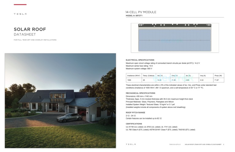 Tesla Solar Roof Tile SR72T1 Datasheet W | PDF