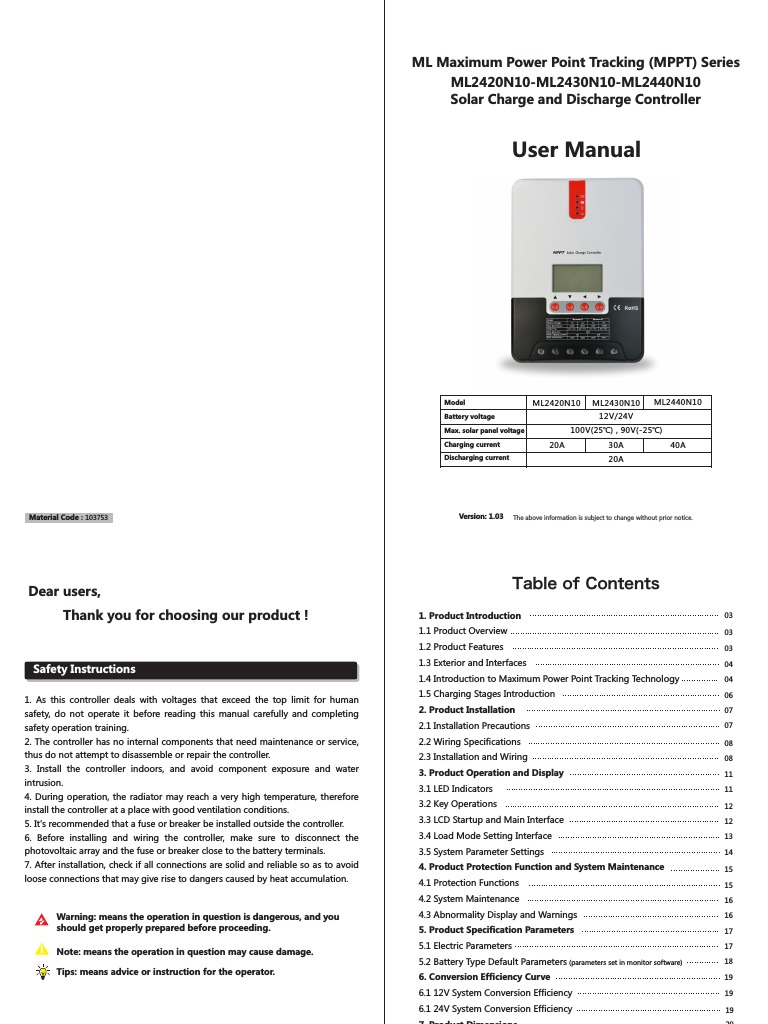 MPPT Solar Charge Controller Manual | PDF | Battery Charger | Solar Panel