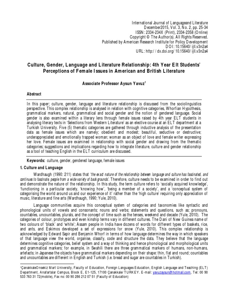 Culture, Gender, Language and Literature Relationship: 4th Year Elt ...