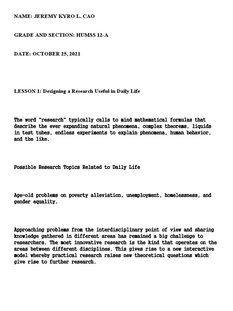 LESSON 1 - Designing A Research Useful in Daily Life | PDF