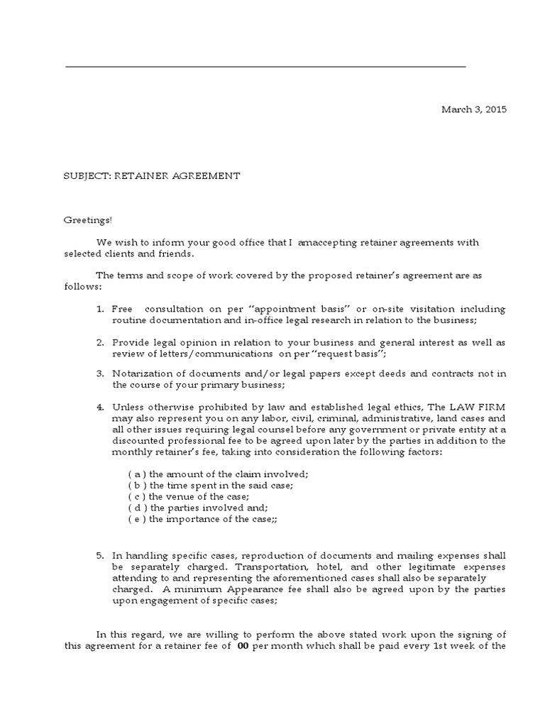 Retainer Sample | PDF | Fee | Private Law