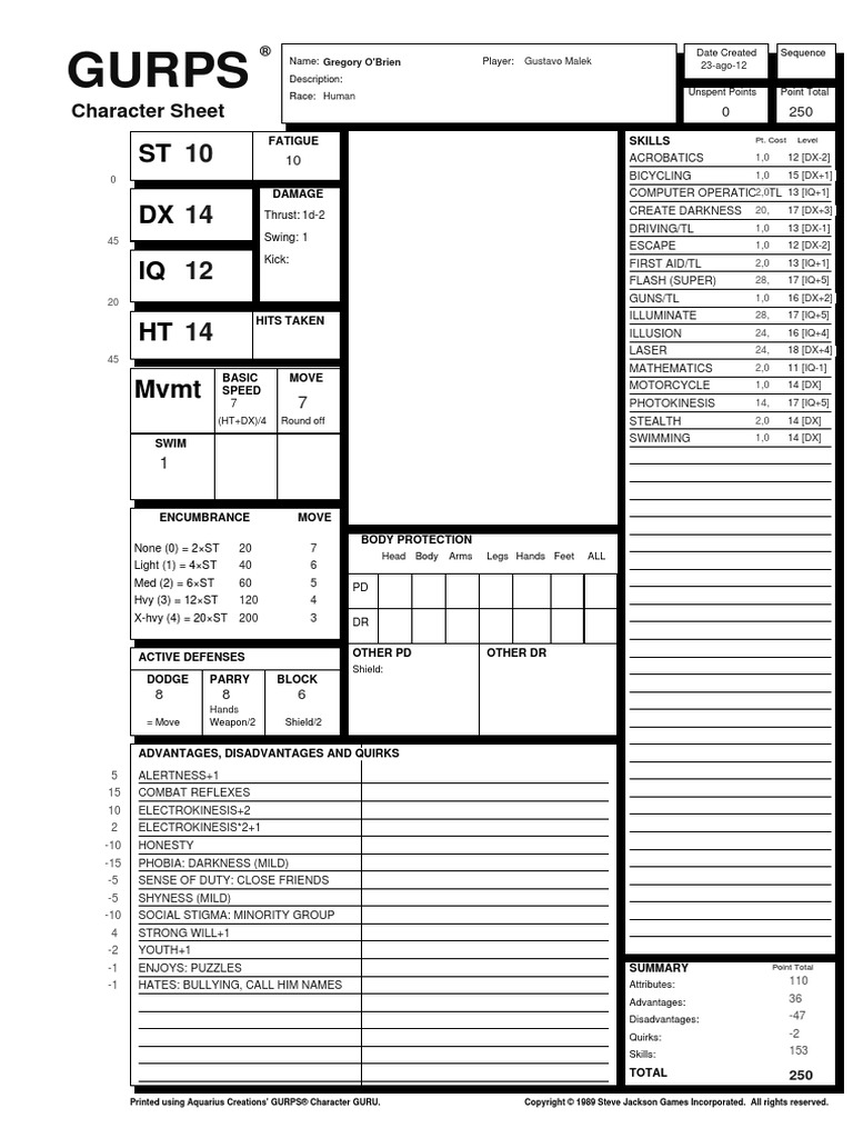 Ficha GURPS Supers - Gregory O'Brien | PDF | Adventure Games | Tabletop Games