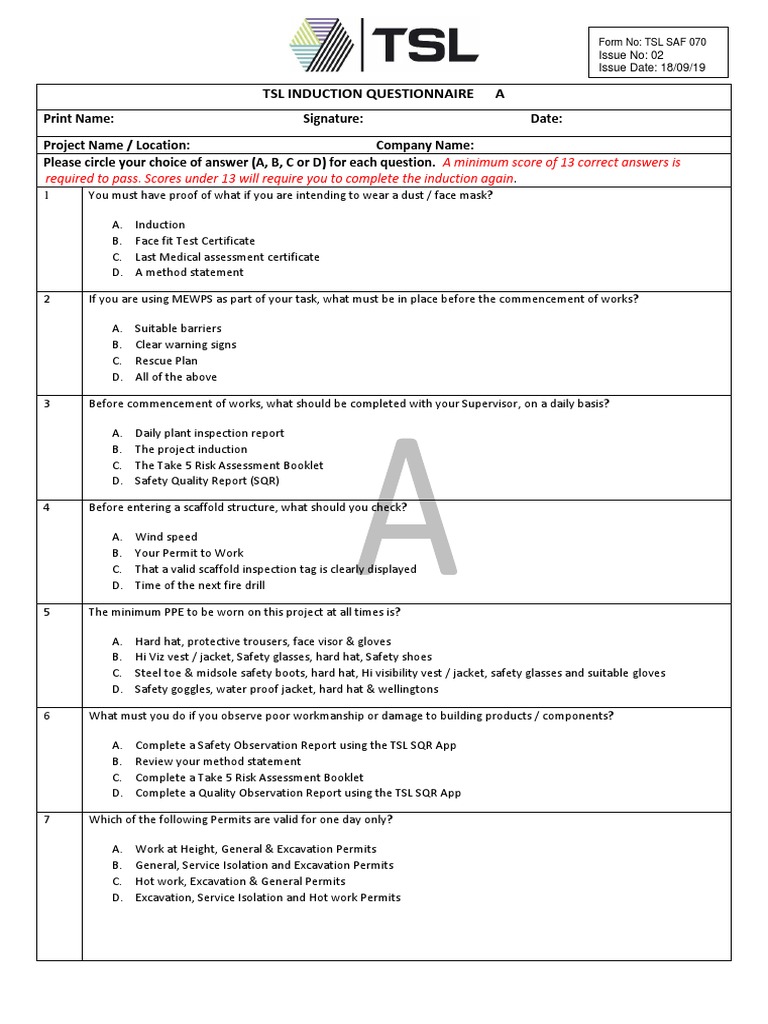 Induction Questionnaire A - NEW 2019 | PDF | Safety | Occupational ...