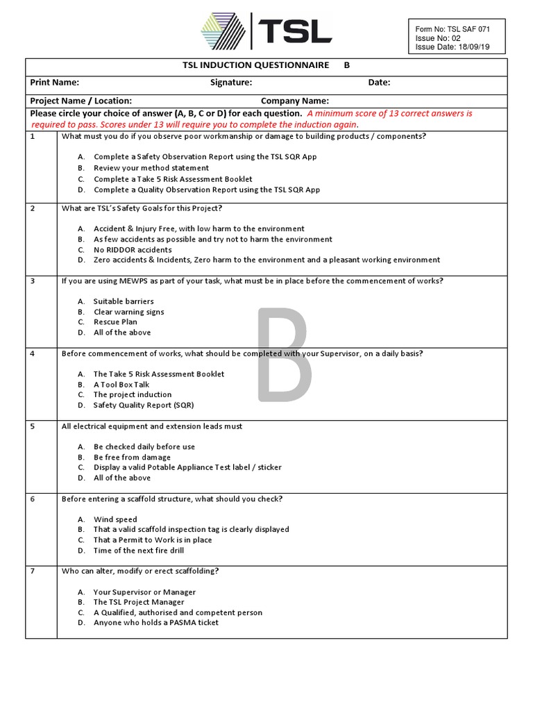 TSL INDUCTION QUESTIONNAIRE: A SAFETY AND QUALITY ASSESSMENT FOR NEW ...