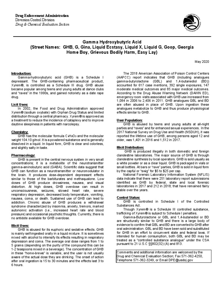 Gamma Hydroxybutyric Acid (Street Names: GHB, G, Gina, Liquid Ecstasy ...