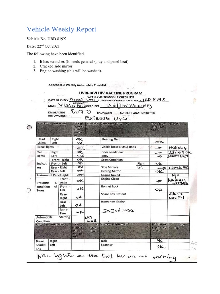Vehicle Weekly Report: Vehicle No. UBD 819X Date: 22 | PDF | Technology ...