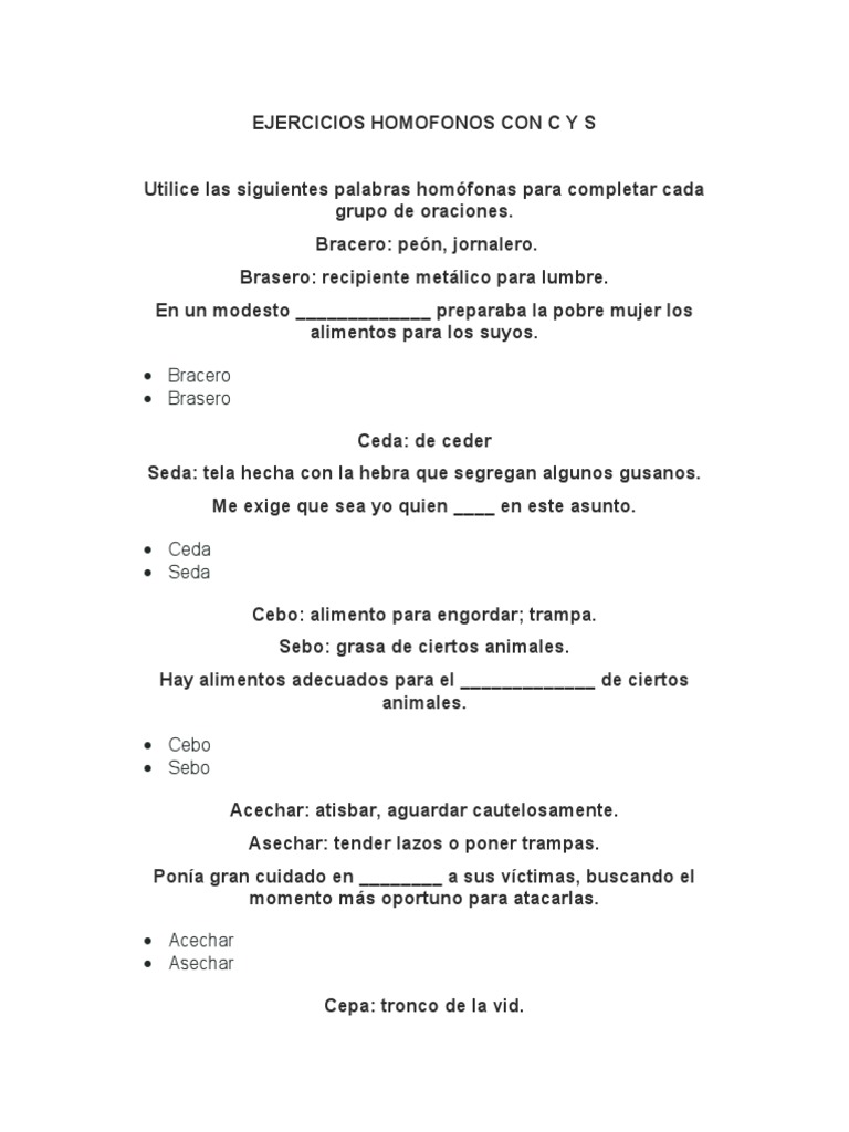 Ejercicios Homofonos Con C y S | PDF | Hogar, jardinería y bricolaje ...