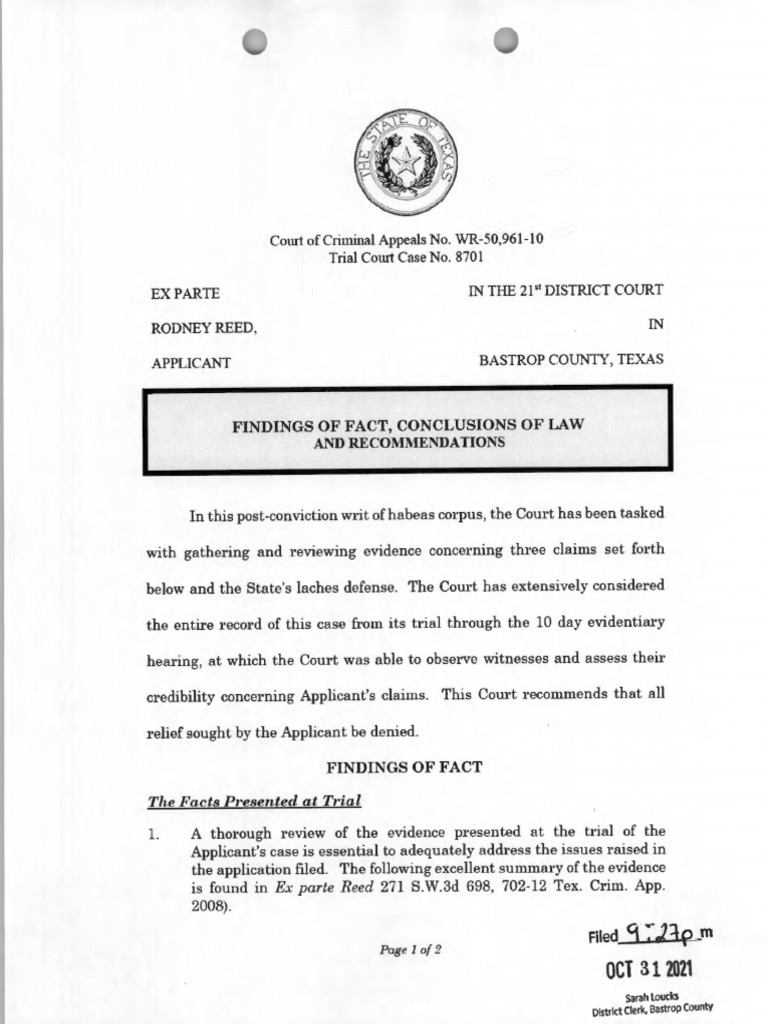 Rodney Reed Evidentiary Hearing: Findings & Facts | PDF | Dna Profiling ...