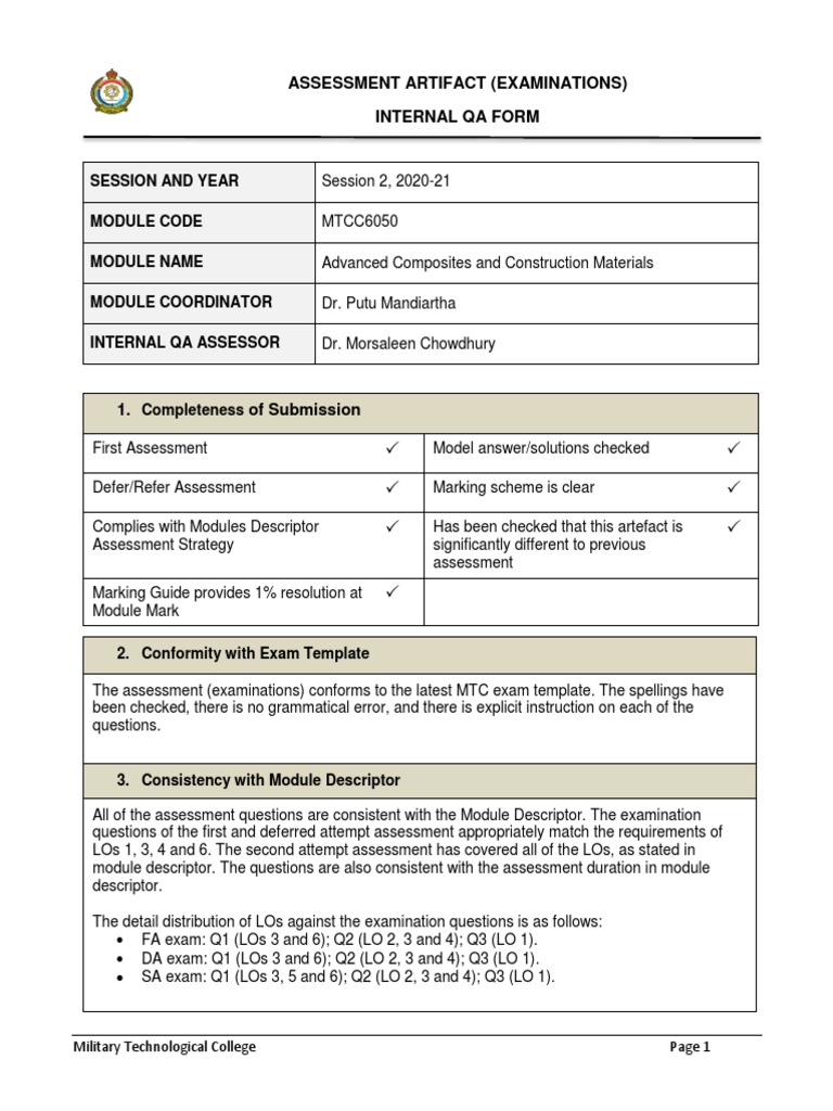 Assessment Artifact (Examinations) Internal Qa Form | PDF | Test ...