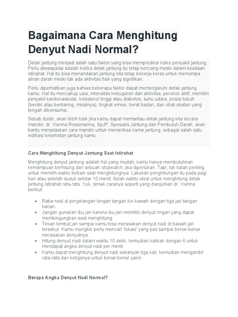 Bagaimana Cara Menghitung Denyut Nadi Normal | PDF