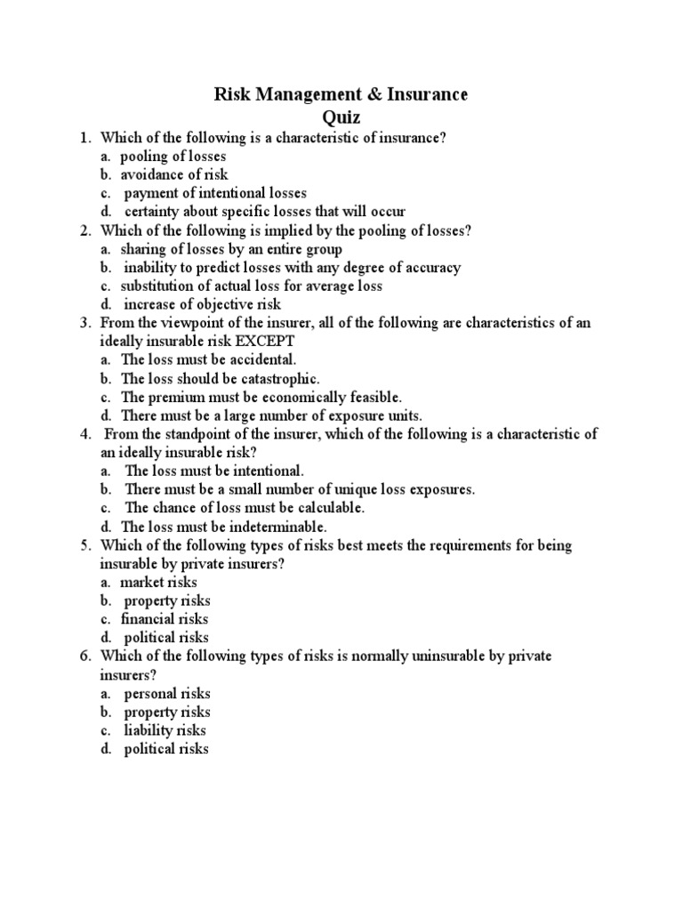 Risk Management & Insurance Quiz | PDF | Risk | Insurance