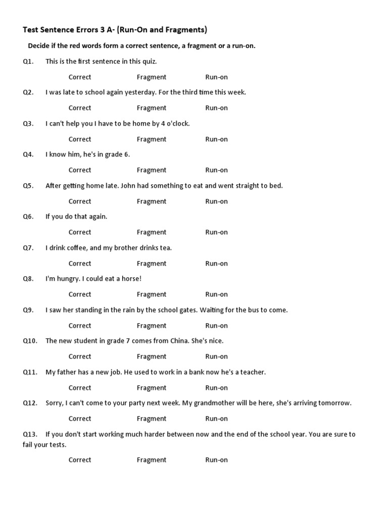 Test Sentence Error-3 A Run Ons - Fragments | PDF