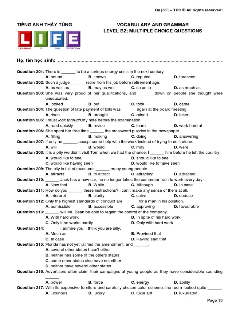 TI Ếng Anh Thầy Tùng Vocabulary And Grammar Level B2; Multiple Choice ...