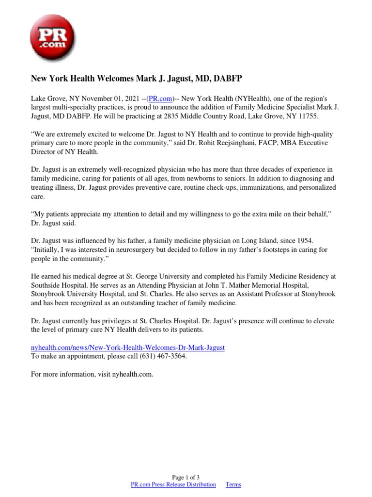 Dr. Mark Jagust Joins New York Health | PDF | Family Medicine | Primary ...