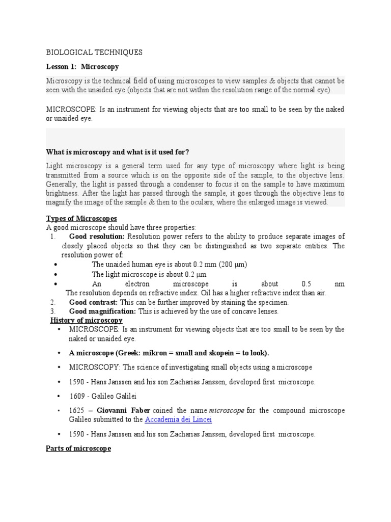 Biological Techniques Handouts | PDF | Angular Resolution | Scanning Electron Microscope