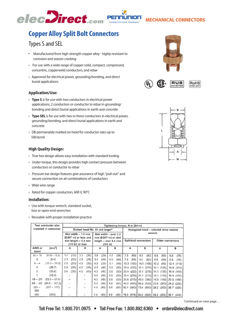 Copper Alloy Split Bolt Connectors: Types S and SEL | PDF | Electrical ...