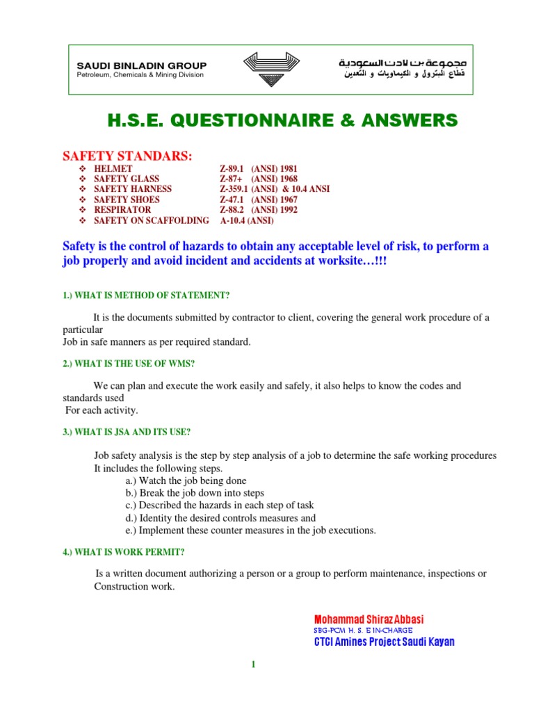 H.S.E. Questionnaire & Answers: Safety Standars | Download Free PDF ...