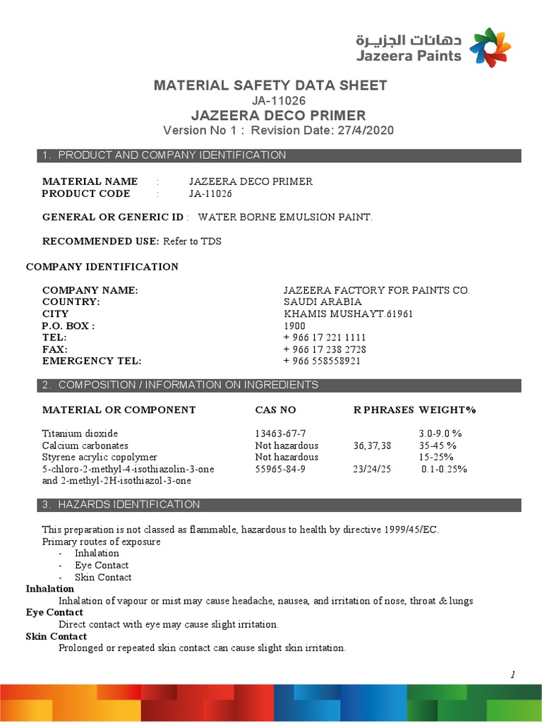 Jazeera Deco Primer-Msds | PDF | Dangerous Goods | Personal Protective ...