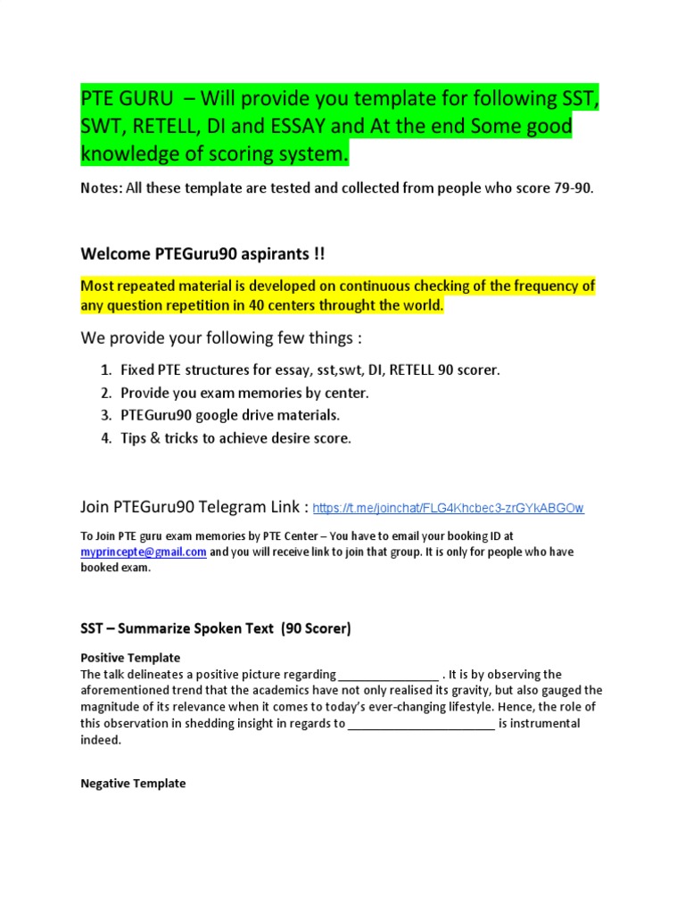 PTE GURU 90 templates for SST, SWT, RETELL, DI and ESSAY | PDF | Cognition