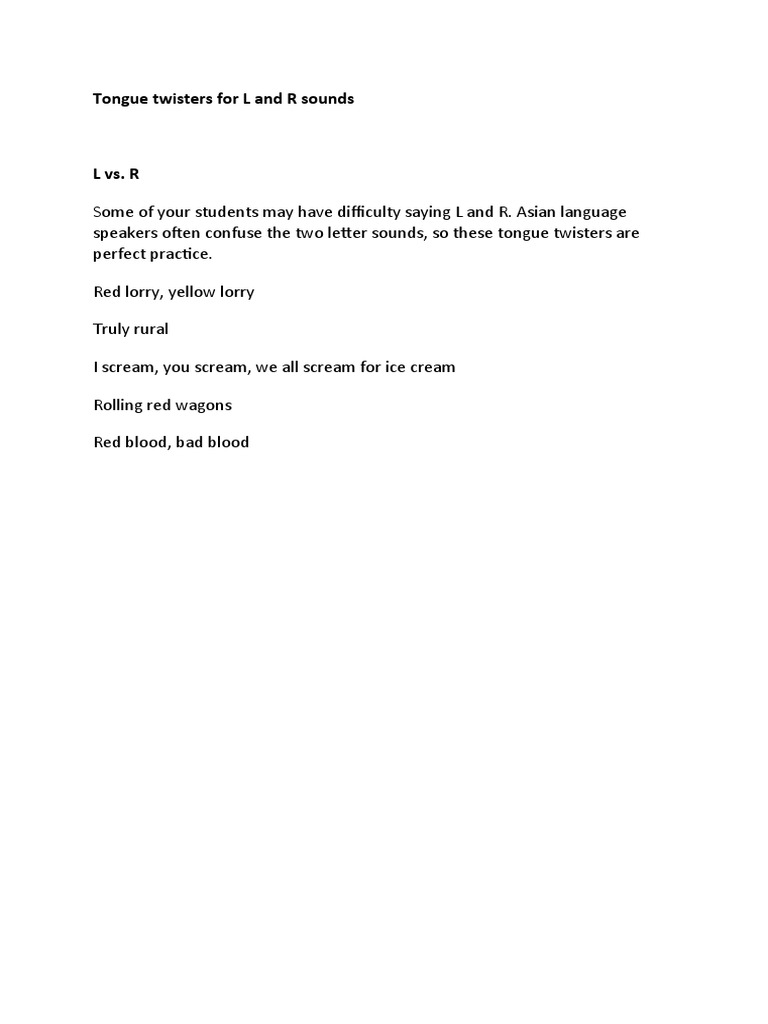 L and R Sound Tongue Twisters | PDF | Language Arts & Discipline ...