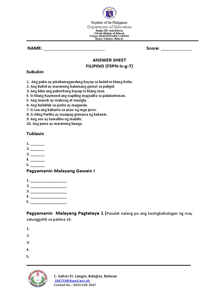 Answersheet FILIPINO w1-3 | PDF