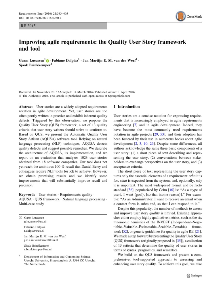 (Lucassen Et Al. 2016) Improving Agile Requirements - The Quality User Story Framework and Tool ...