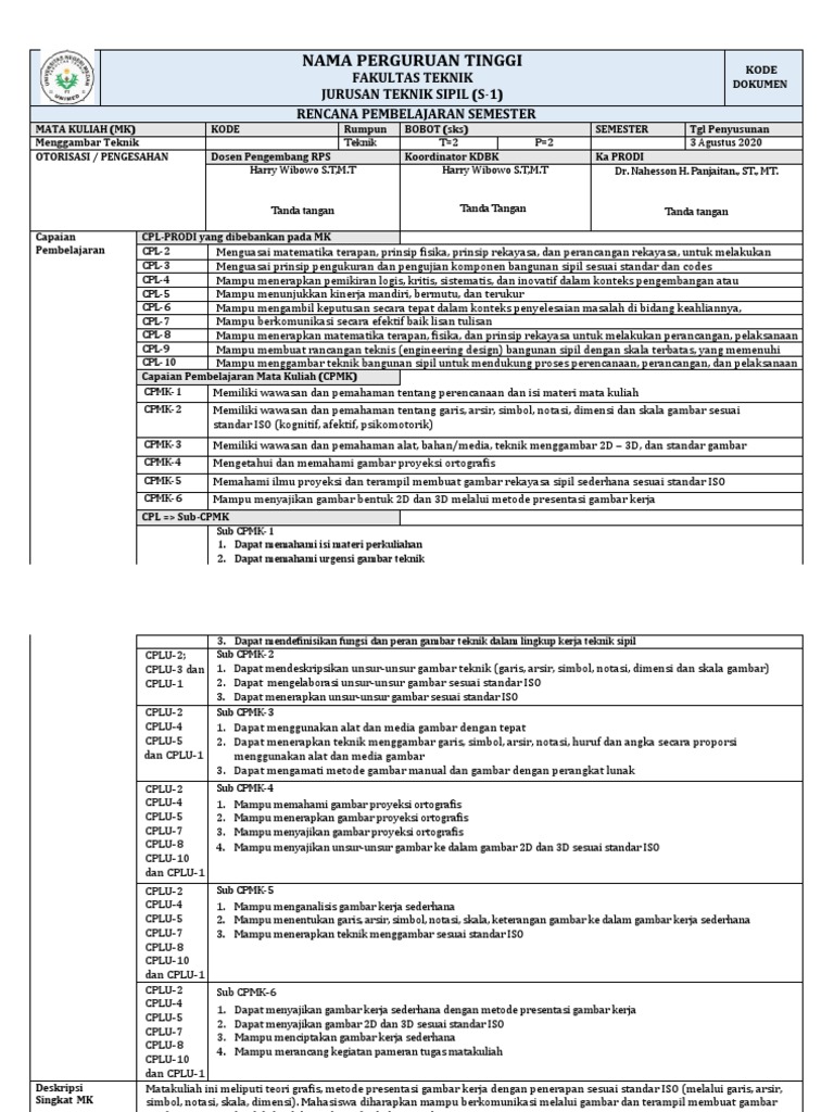 RPS 2020 - Menggambar Teknik (S1) | PDF